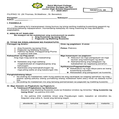 FILIPINO 10 MODYUL 10.docx dibcnjxnjcsabcnjasd chjas cjnadhcjdascasbcjacj | DOCX