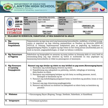 LESSON EXEMPLAR FILIPINO 7 - WEEK 1 - MATATAG CURRICULUM | PDF