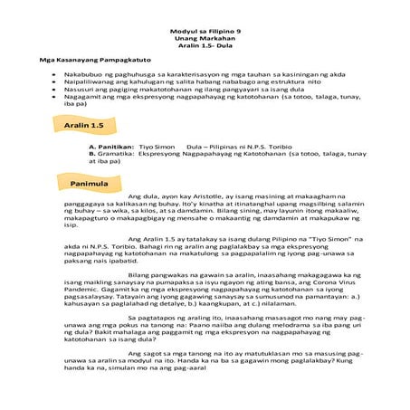 Filipino 9 modyul aralin 1.5 | DOCX