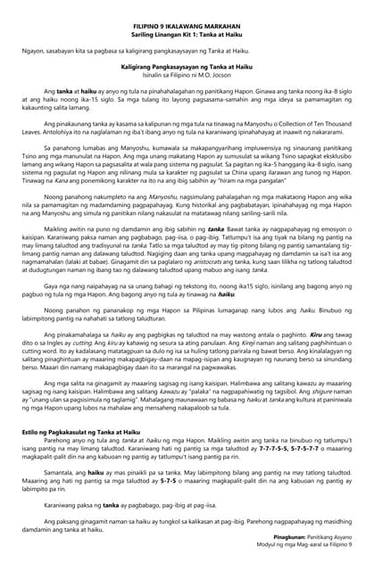FILIPINO 9 Estilo ng pagkakasulat ng tanka at haiku | PPTX