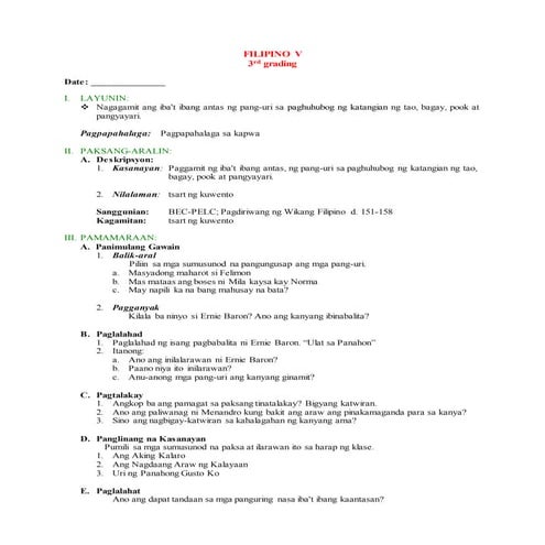 K to 12 filipino complete objectives & subject matter | DOCX
