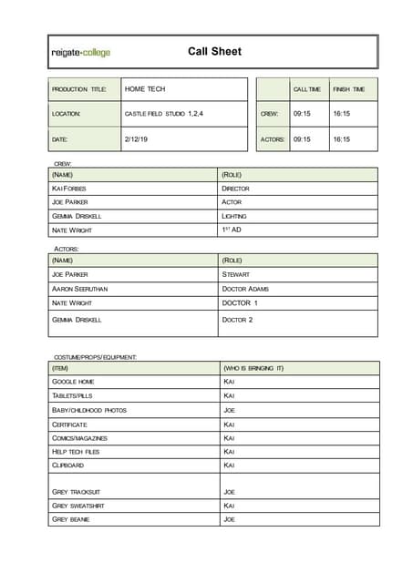 Film call sheet film 2 | DOCX | Women\'s Outerwear | Women\'s Clothing