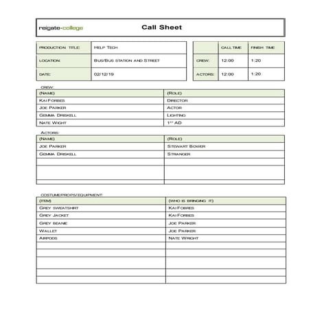Film call sheet film 2 | DOCX