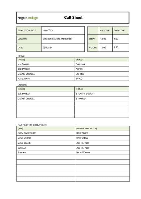 Call sheet-no 3 | DOCX