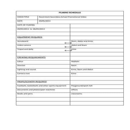 Filmiing schedule | DOCX