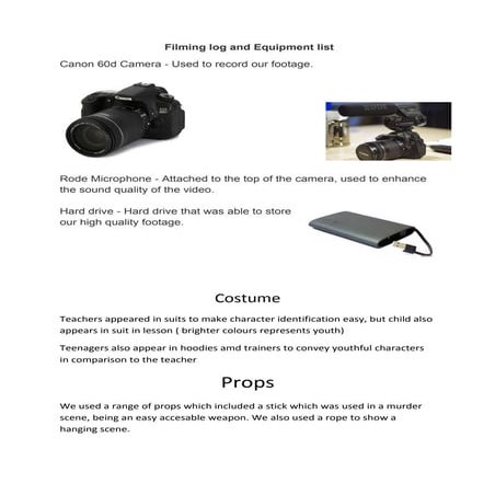 Filming log and equipment list | PDF