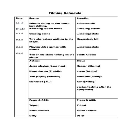 Filming schedule | DOCX