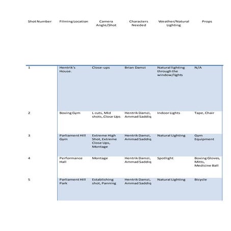 Filming schedule | DOCX