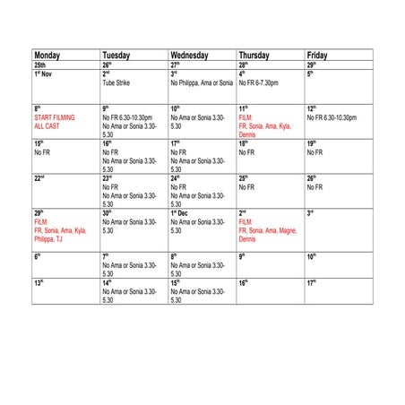 Filming timetable | DOC