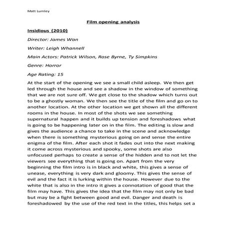 Film opening analysis insidious A-level Media Pre-Production | DOCX
