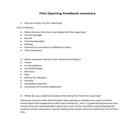 Film opening feedback questionaire summary | DOCX