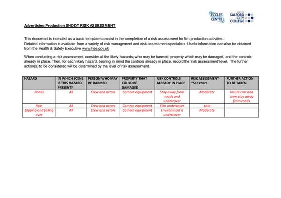Photography portrait shoot risk assessment form (1) | PPT