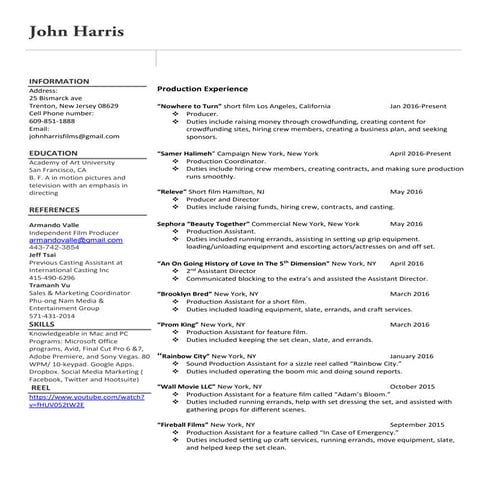 Film production resume 9 | PDF