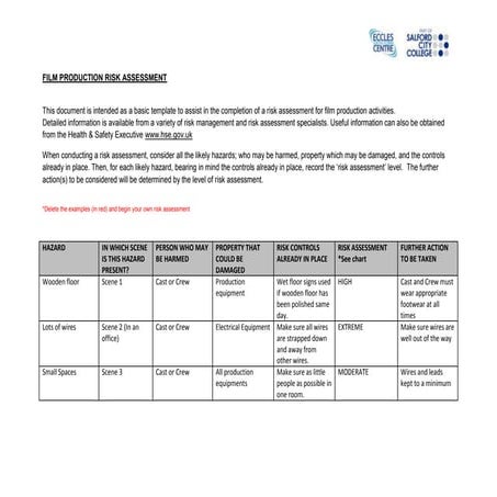 Film production risk assessment | DOCX | Medical Health