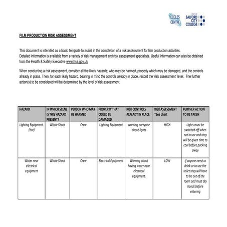 Film Production Risk Assessment | DOCX