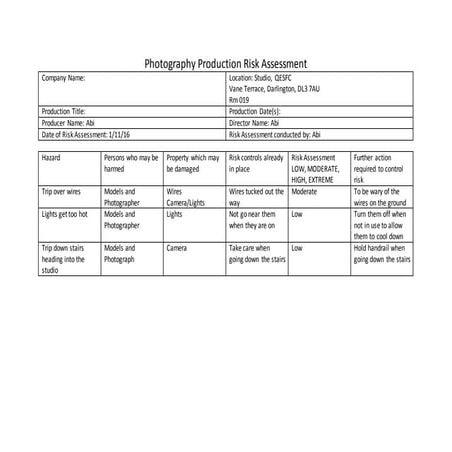 Photography production risk assessment | PPT