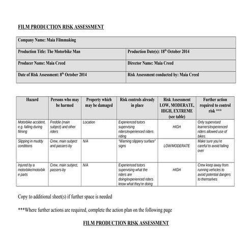 Film production risk assessment form | PPT