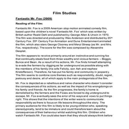 Film studies fantastic mr. fox | DOCX
