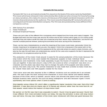Film studies fantastic mr. fox | DOCX