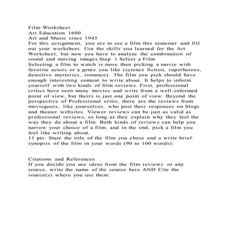 Film WorksheetArt Education 1600 Art and Music since 1945For t | DOCX ...