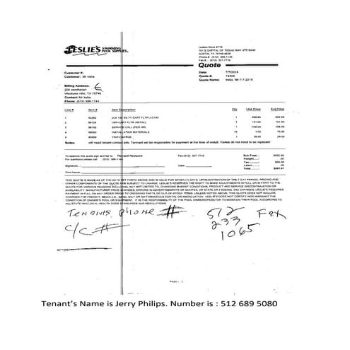 Filter by leslie's pool invoice - total incluyding filter, parts, labor ...