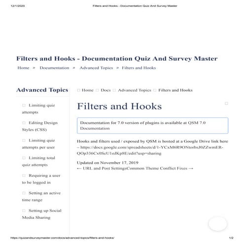 Filters and hooks documentation quiz and survey master | PDF