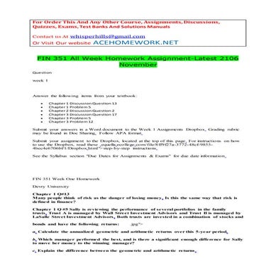 Fin 351 all week homework assignment latest 2106 november | PDF