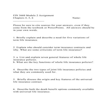 FIN 3660 Module 2 AssignmentChapters 4, 5, 6 Name _______.docx