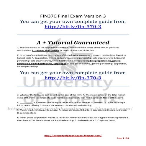 Fin 370 final exam set 1 | DOCX
