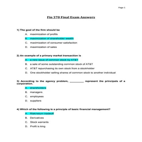Fin 370 final exam answers | DOC