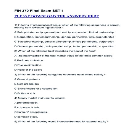 Fin 370 final exam set 1 | DOCX