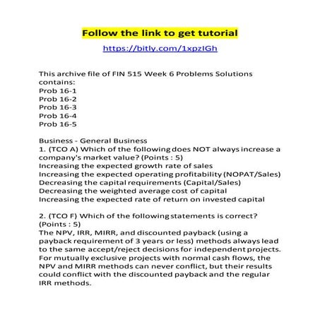 Fin 515 week 6 problems solutions | DOCX