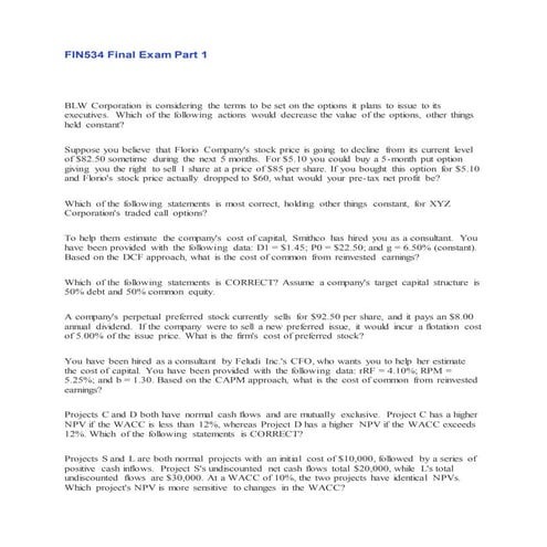 FIN 534 Final Exam Set 1 (4 Sets) | PDF