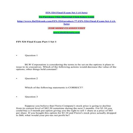 FIN 534 Final Exam Set 1 (4 Sets) | PDF
