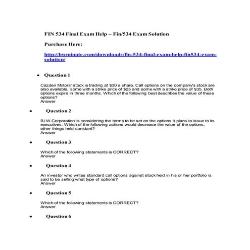 Fin 534 final exam solution | DOCX