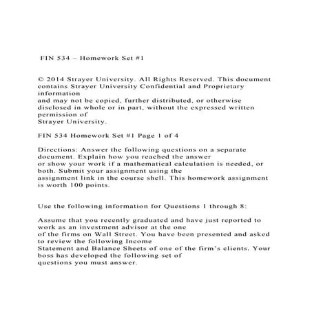 FIN 534 – Homework Set #1 © 2014 Strayer University. A.docx