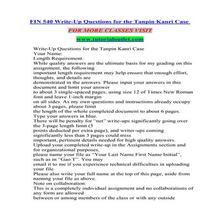 FIN 540 WRITE-UP QUESTIONS FOR THE TANPIN KANRI CASE/ TUTORIALOUTLET ...