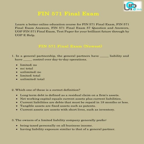 UOP E Help : FIN 571 Final Exam | Questions and Answers | DOCX