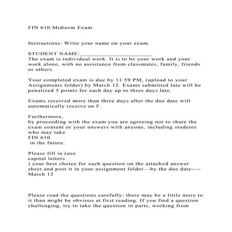 FIN 610 Midterm ExamInstructions Write your name on your exam.docx