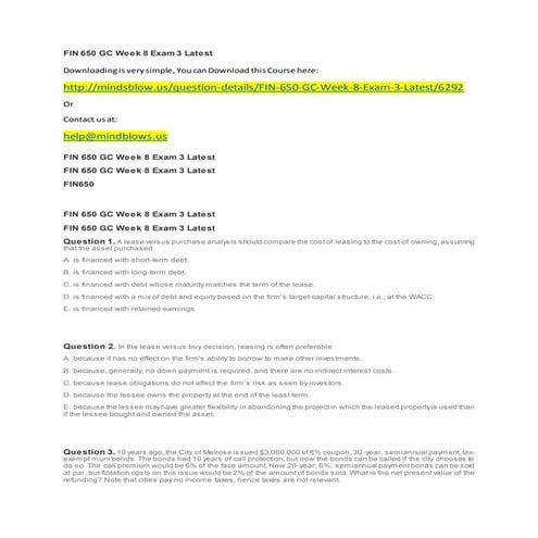 Fin 650 gc week 8 exam 3 latest | PDF