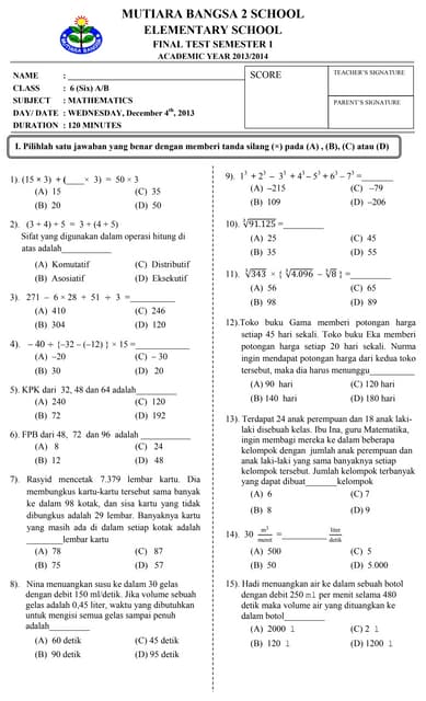 Latihan soal ujian nasional matematika sd | PDF
