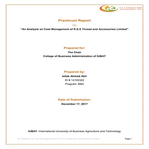 Internship/practicum report. IUBAT.(RSS Thread & Accessories Ltd) Final ...