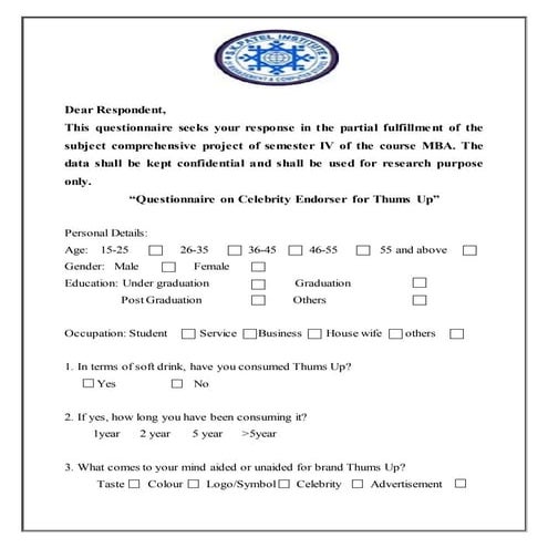 Final questionnaire on celebrity endorser for thums up | DOCX
