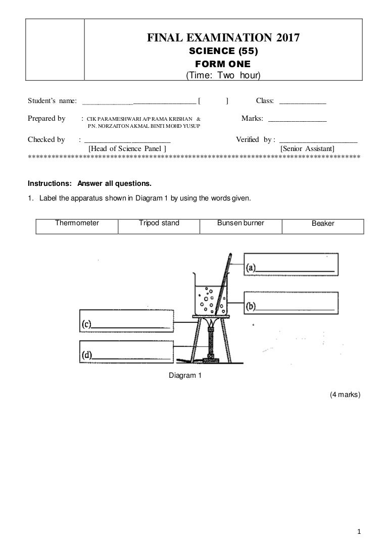 Final Year Examination Form 1 Science Paper