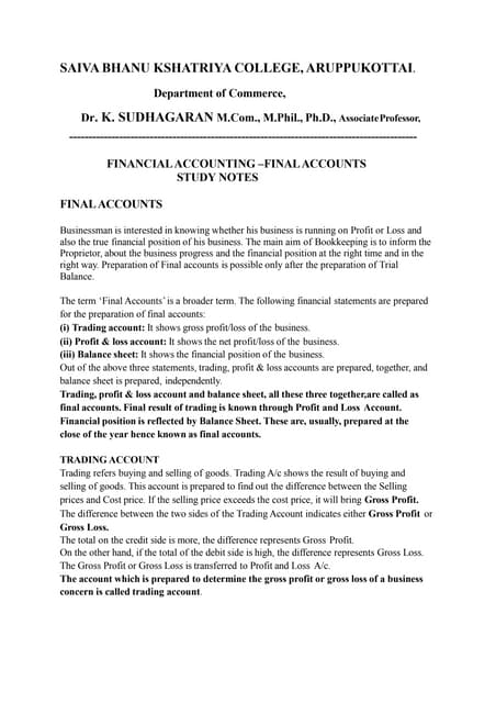 Final Accounts of a Sole proprietorship business part 1 | PPT