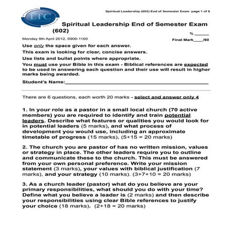 Spiritual Leadership: Final exam, april 2012 | PDF | Educational ...