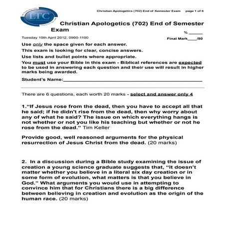 Christian Apologetics: Final Exam april 2012 | PDF