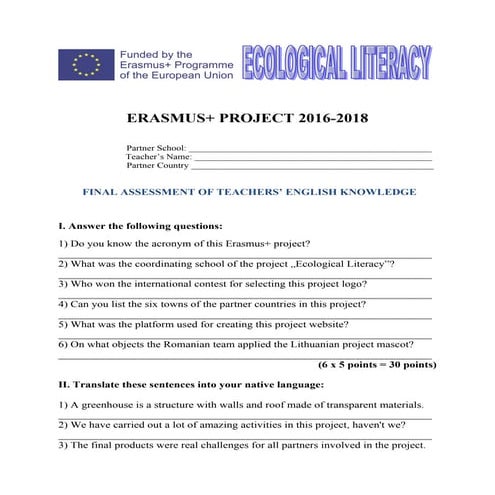 Erasmus Assessment English Language Test for Pupils | DOC