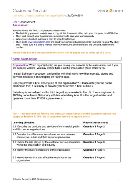Business and Admin Level 2 Unit 1 assessment answers | DOCX