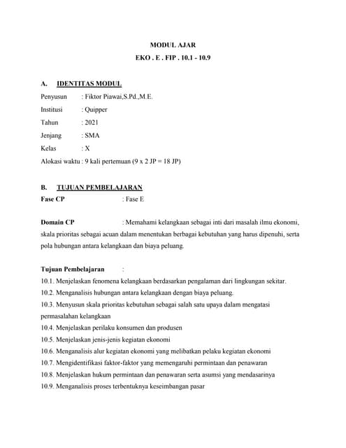 Download Modul Ajar Ekonomi Kelas 10 Kurikulum Merdeka Terbaru 2025 | PDF